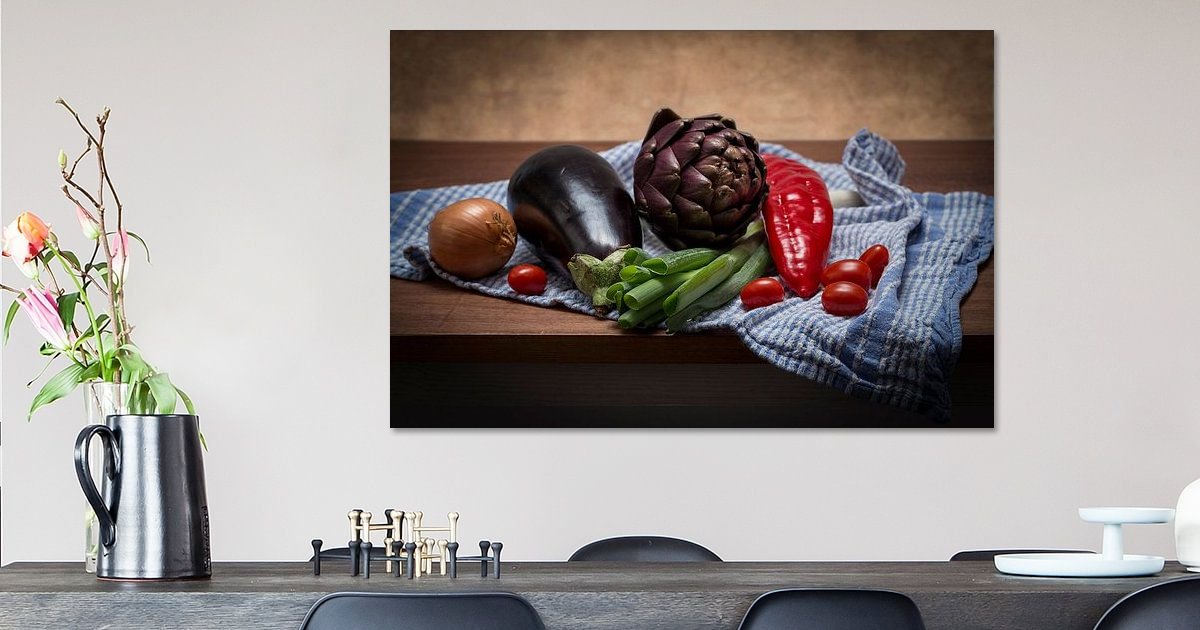 Stilleven met groenten en theedoek van Jaap Tempelman op canvas, behang en meer